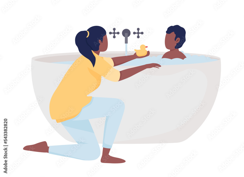 Kid bathing time semi flat color vector characters. Editable figures ...