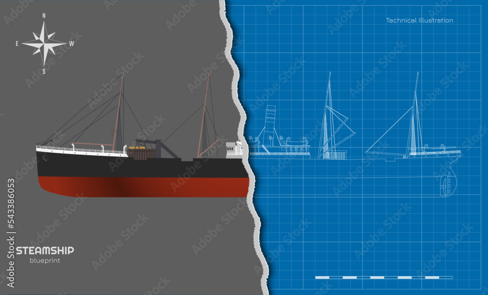 Steamer outline drawing. 3d steamship industrial blueprint. Contour ...