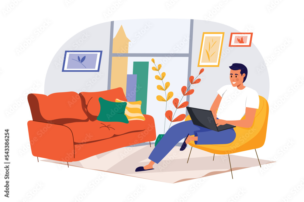 Concept working at home with people scene in the flat cartoon design ...