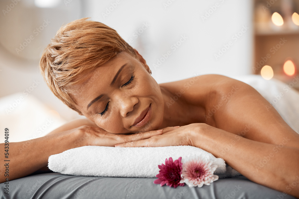 Relax, massage and woman being peaceful, calm and stress free for ...