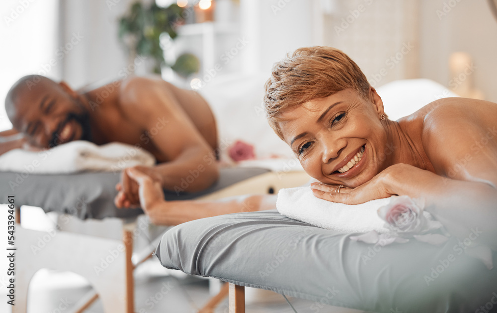 Love, massage and couple holding hands at a spa in celebration of a ...