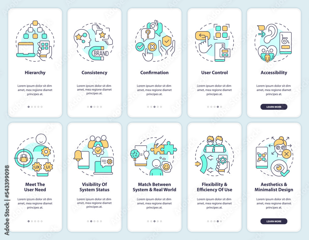 User Experience Design Principles Onboarding Mobile App Screen Set Walkthrough 5 Steps Editable