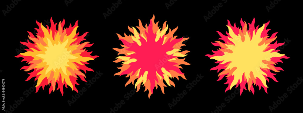 Fire mandala set. Flaming, burning round beautiful frame with tongues ...