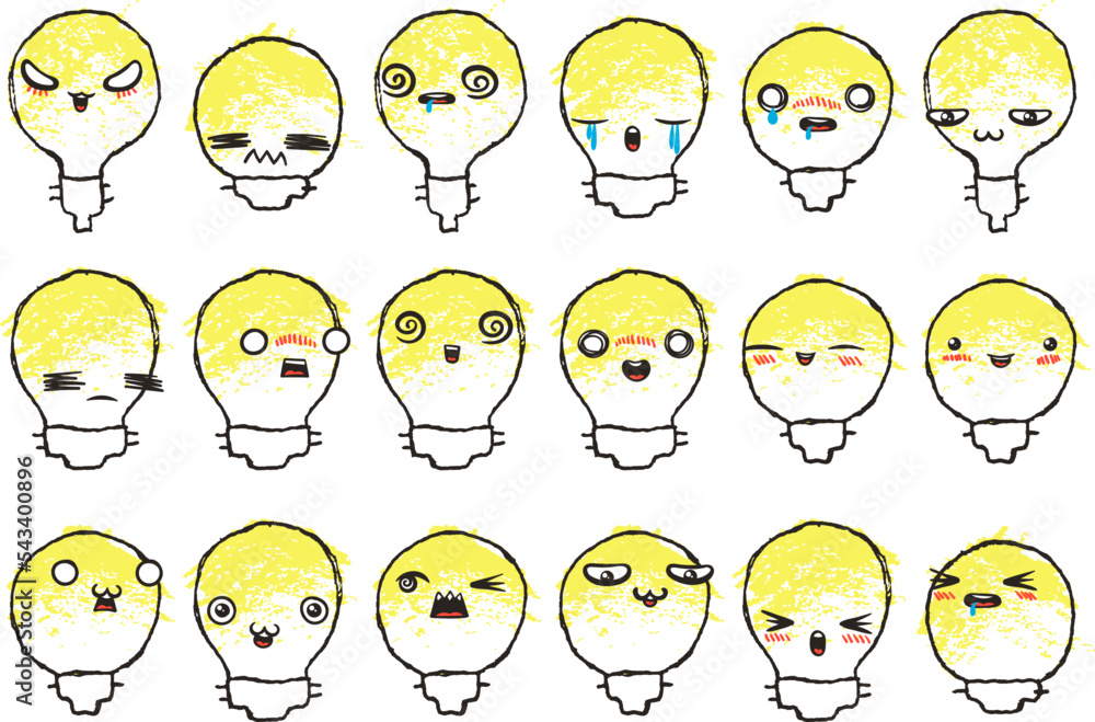 Set of Various Cartoon Bulbs with Emoticons. Doodle lightbulb, ideas ...