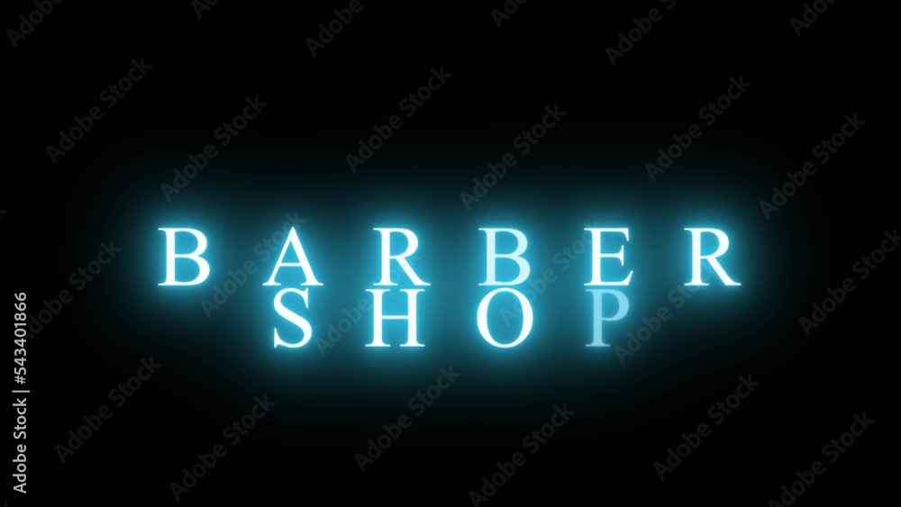 Barber shop text. Advertising sign, neon shimmering blue white ...