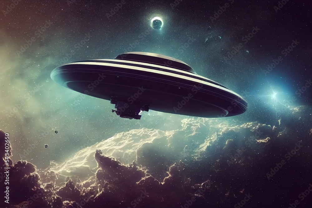 Raster illustration of an unidentified flying object rises into space ...