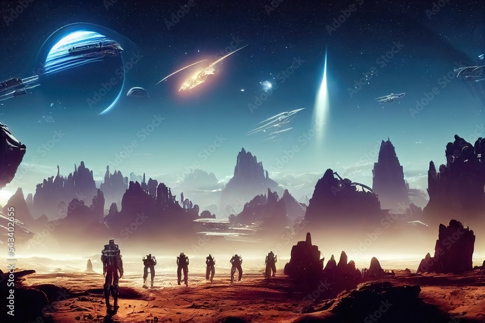 Raster illustration of astronauts walk through the uninhabited desert ...