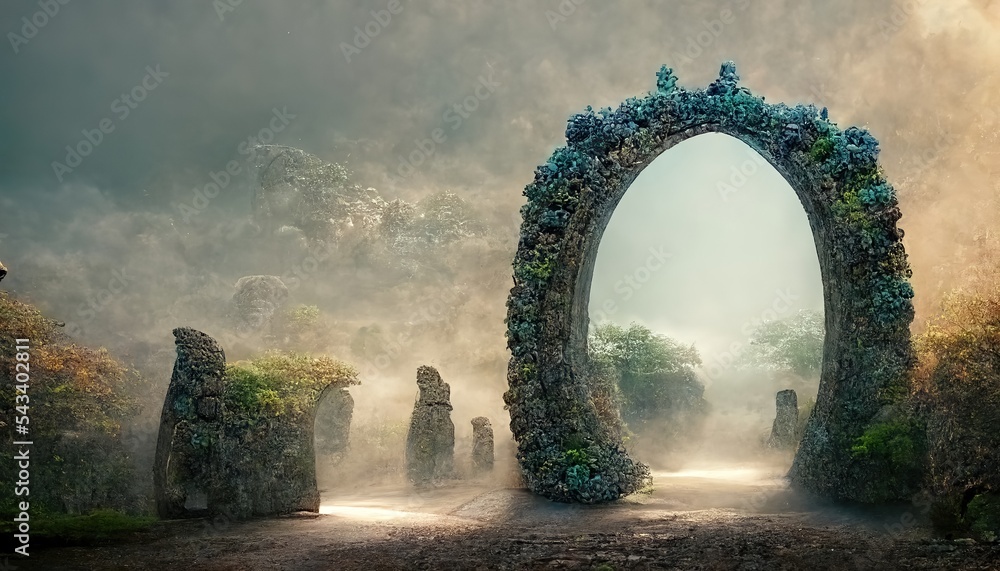 Raster illustration of a green portal in stone in a ceremonial place ...