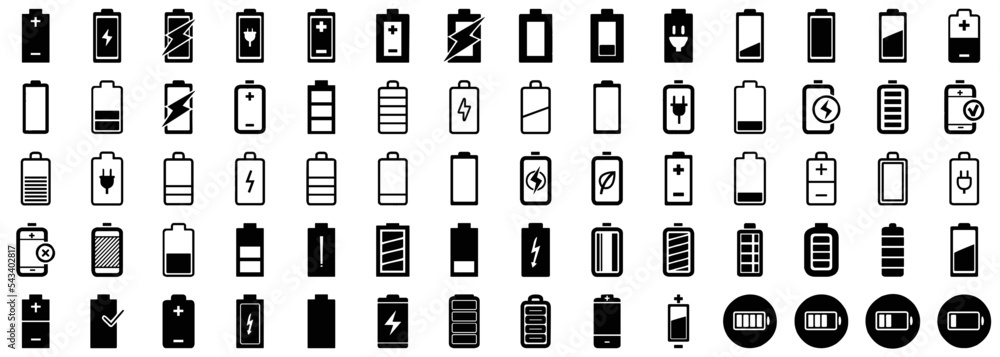 Battery icons set. Battery charging charge indicator icon. Alkaline ...