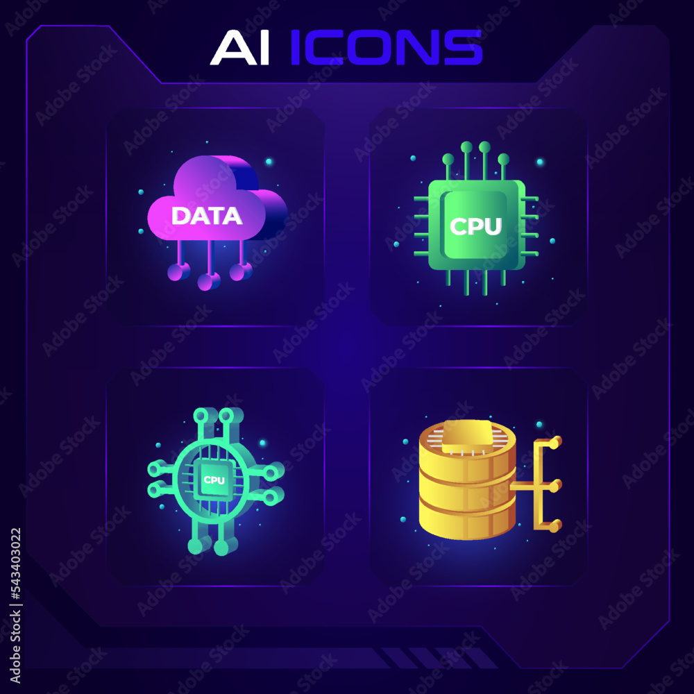 Artificial Intelligence (AI) icon set with Machine learning, Smart ...