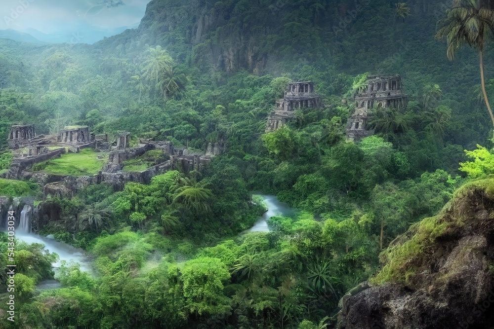 Raster illustration of ancient ruins in the deep jungle. An ancient ...