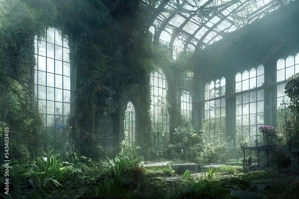 ภาพประกอบสต็อก Raster illustration of botanical garden with huge high ...