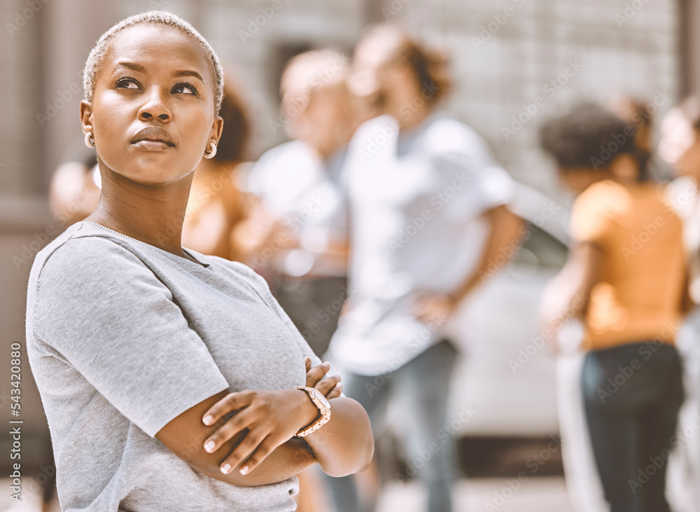 Vision, thinking and black woman being thoughtful while in the city ...