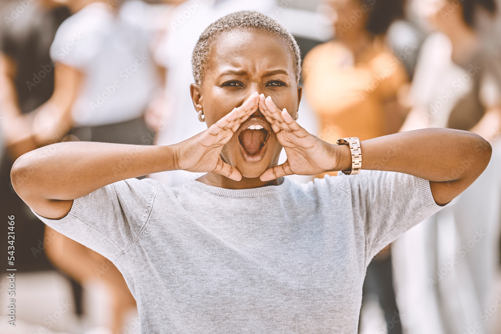Protest speaker, rally and woman shout for world change, freedom or ...