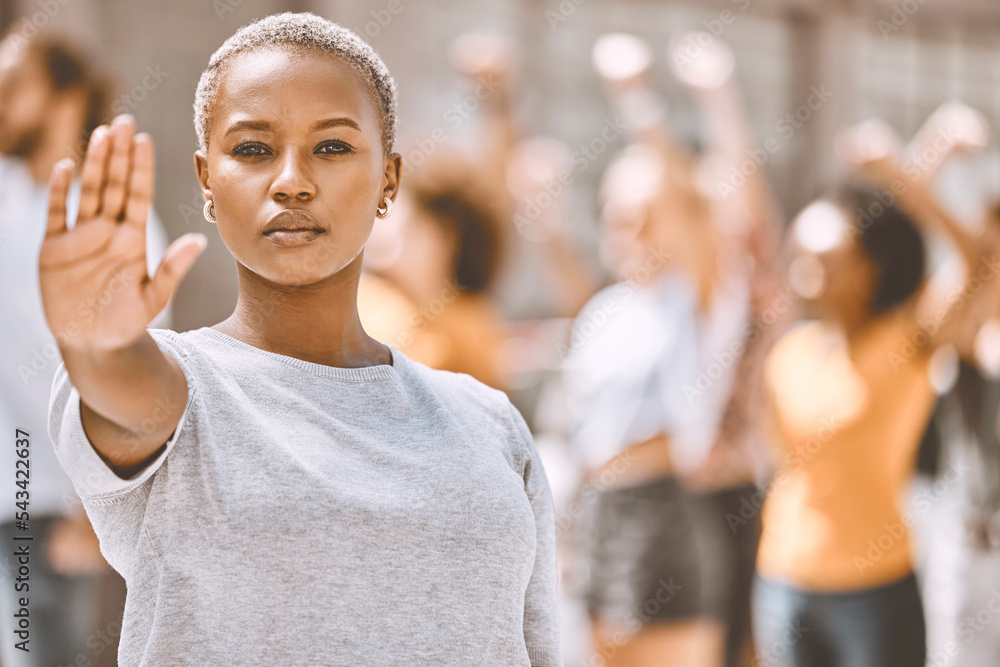 Black woman protest, stop hand sign on street or human rights equality ...