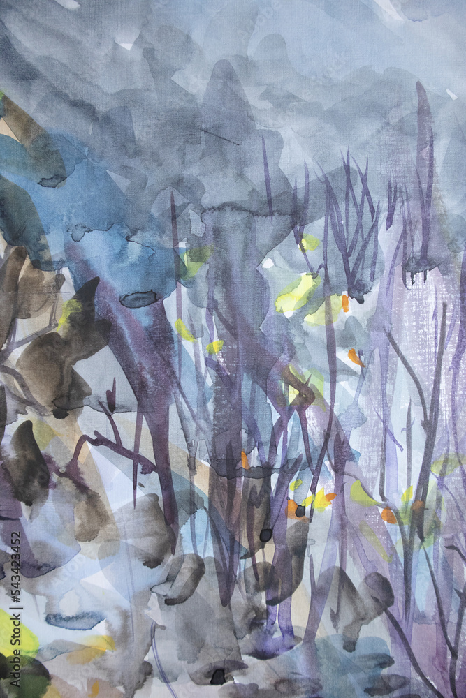 Late autumn haze. Rainy landscape. Wet bare trees and dirty rainy ...