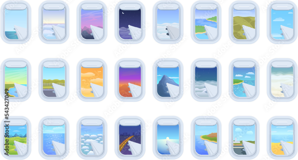 Airplane window icons set cartoon vector. Plane flight. Air travel ...