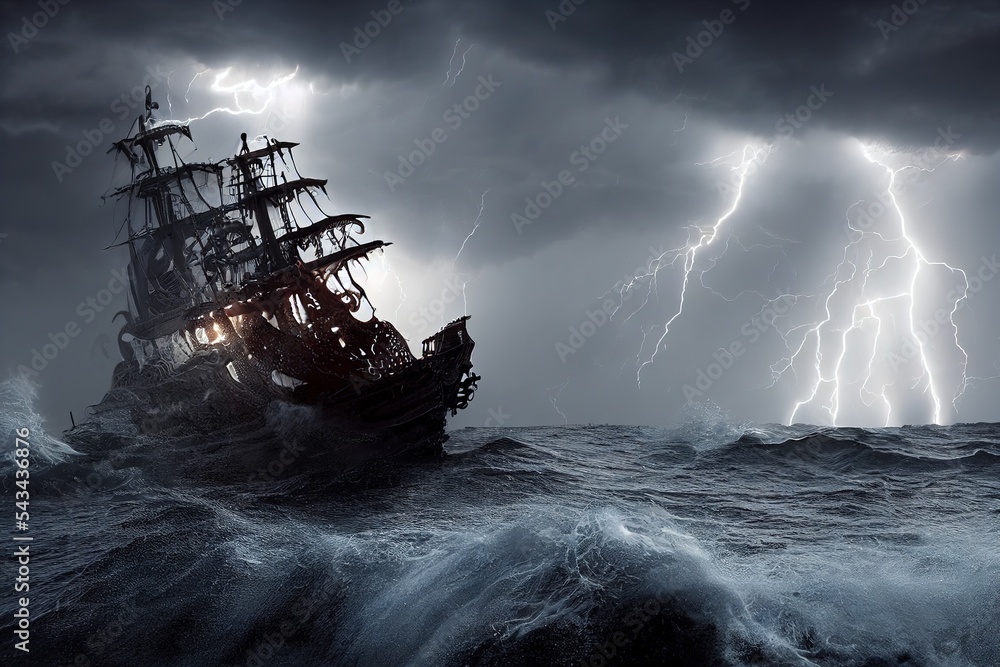 A fantasy sailing ship sail on stormy ocean, with big waves splashing ...