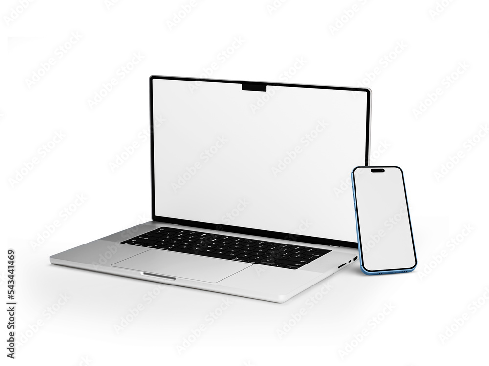 Macbook Pro Laptop and iPhone 14 pro max smartphone in on white ...