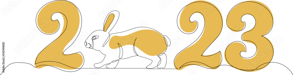 rabbit and 2023, outline drawing by one continuous line, isolated Stock ...