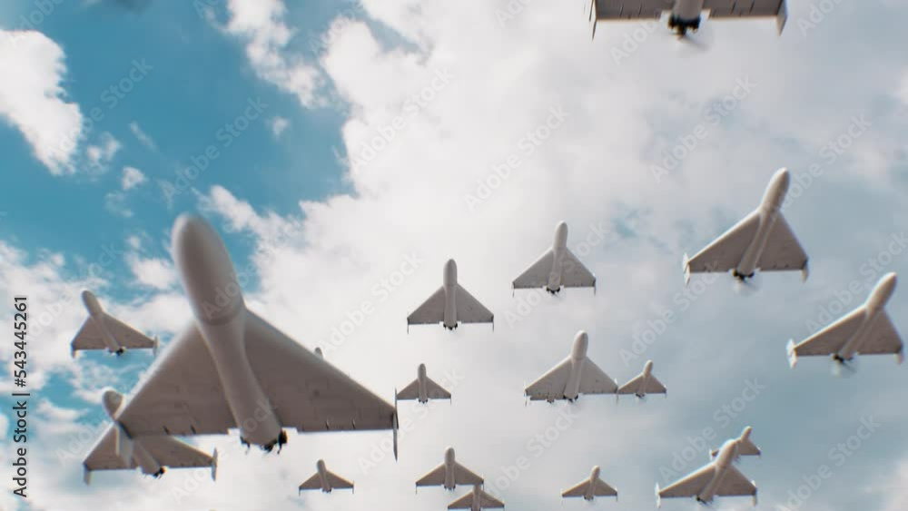 Large Group of Military Drones Kamikaze Raid Flight in the Sky Close-up ...