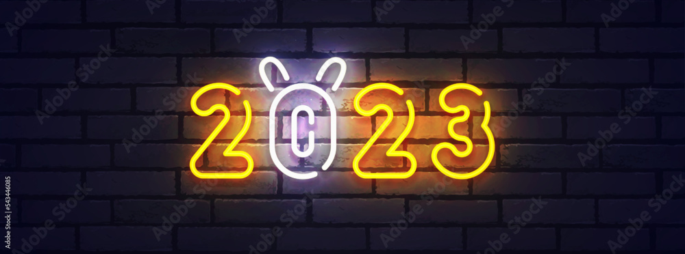Happy New Year 2023. Neon Signs. Logo, emblem, banner and label, bright ...