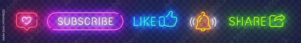 Social button neon. Buy icon. Colored neon buttons. Button like, share, subscribe neon. Vector ...