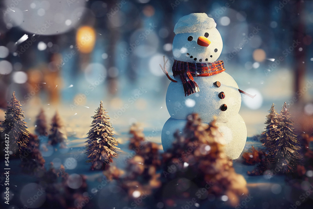 ภาพประกอบสต็อก Cute traditional snowman standing in winter landscape as ...