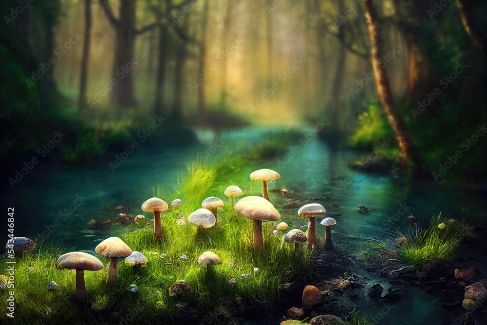 Magical brook in forest with mushrooms and trees Stock Illustration ...