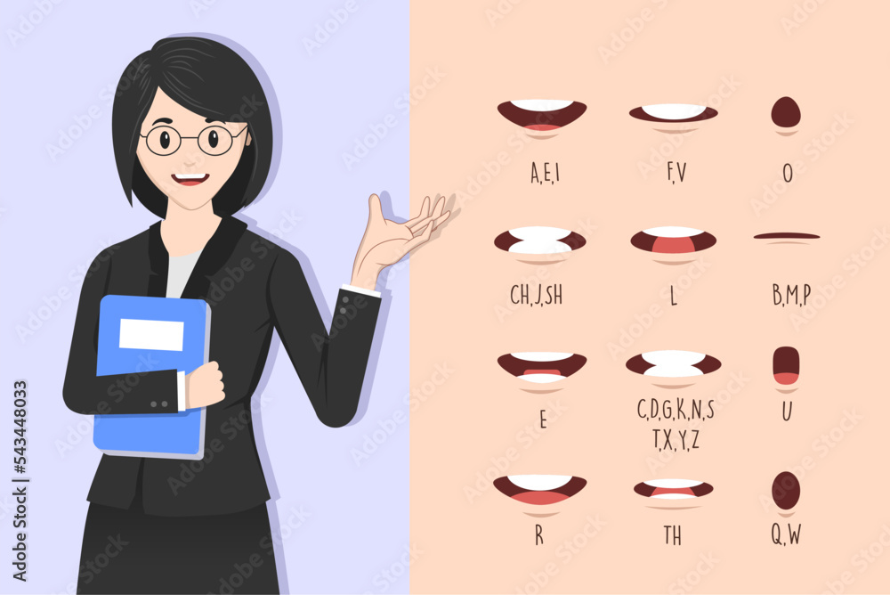 business woman posing with lip sync collection for animation. female ...
