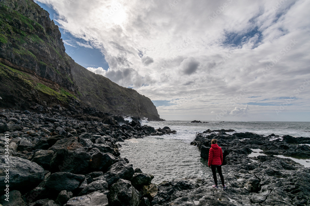 Dramatic picture of woman versus sea. Female thinking about adventure ...