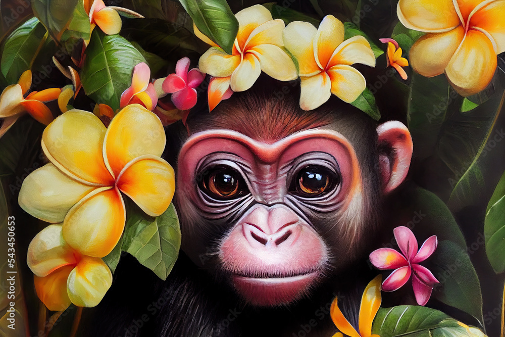 Cute fluffy monkey peeking out of the flower jungles. Amazing tropical ...