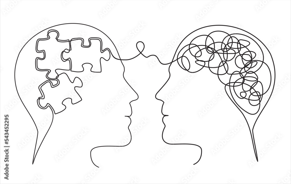 Head mind people with folded puzzle and confused thinking brain ...