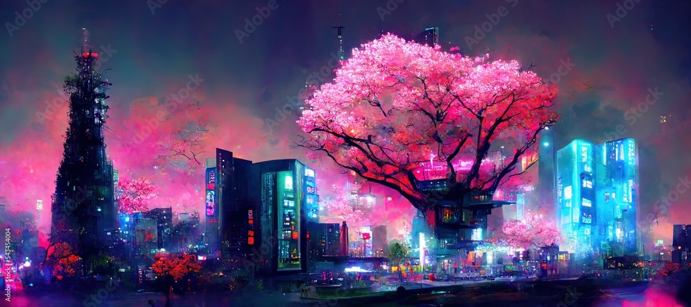 Cyberpunk city. retro with big sakura tree. Stock Illustration | Adobe ...