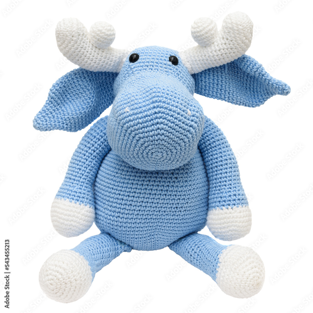 Alce azul de pelúcia, feito na técnica de crochê amigurumi visto de ...