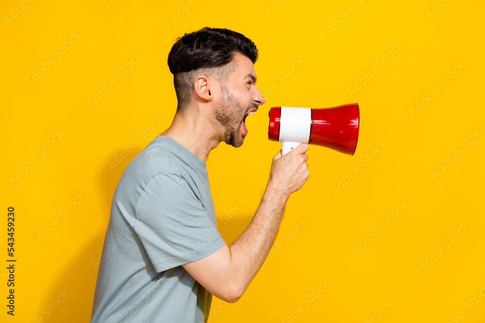 Profile side photo of angry boy boss stylish khaki clothes look empty ...