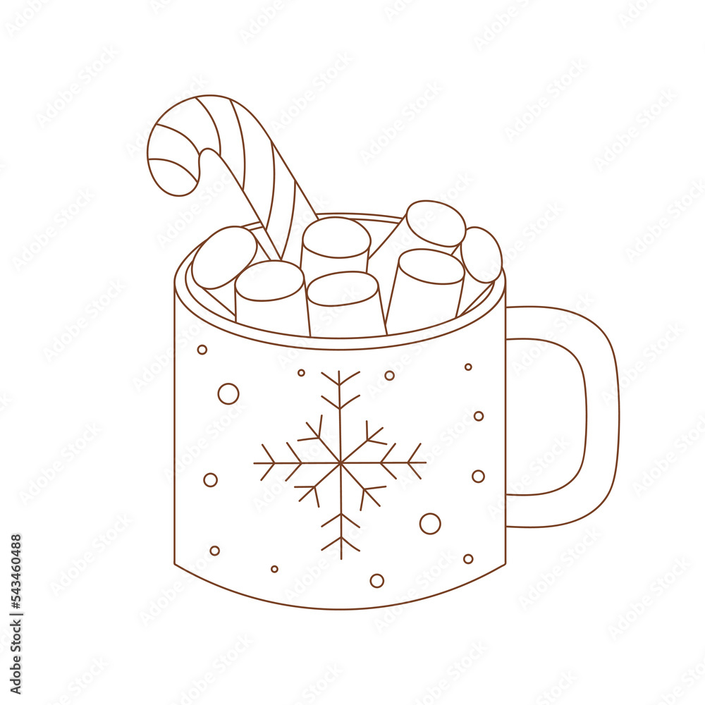 Coloring page outline of Christmas cup with candy cane and marshmallow ...