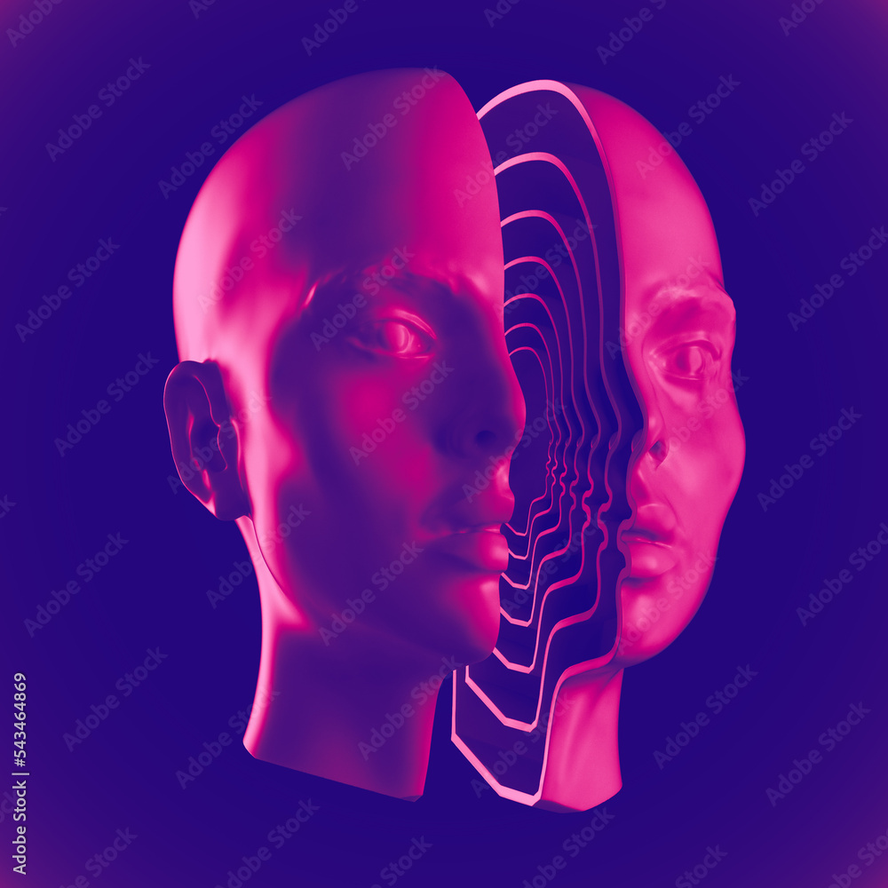 Abstract concept illustration from 3D rendering of a white female head ...