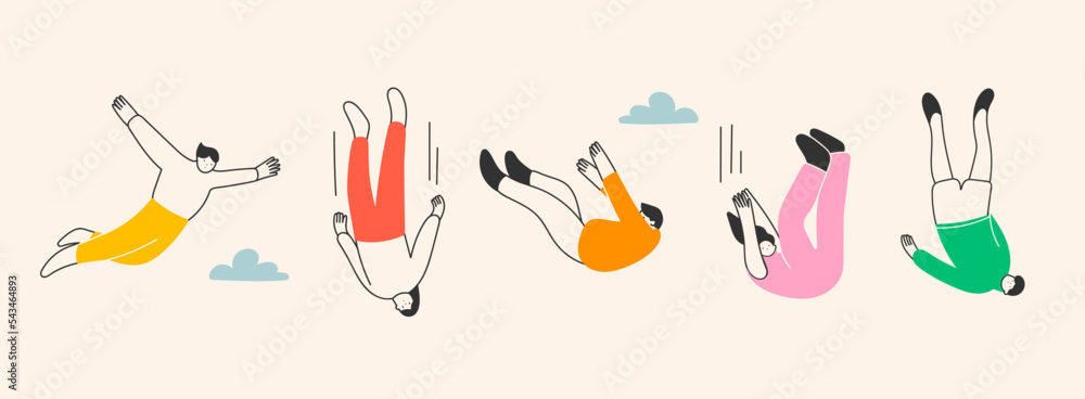 Various falling people. Diverse male and female characters. Hand drawn ...