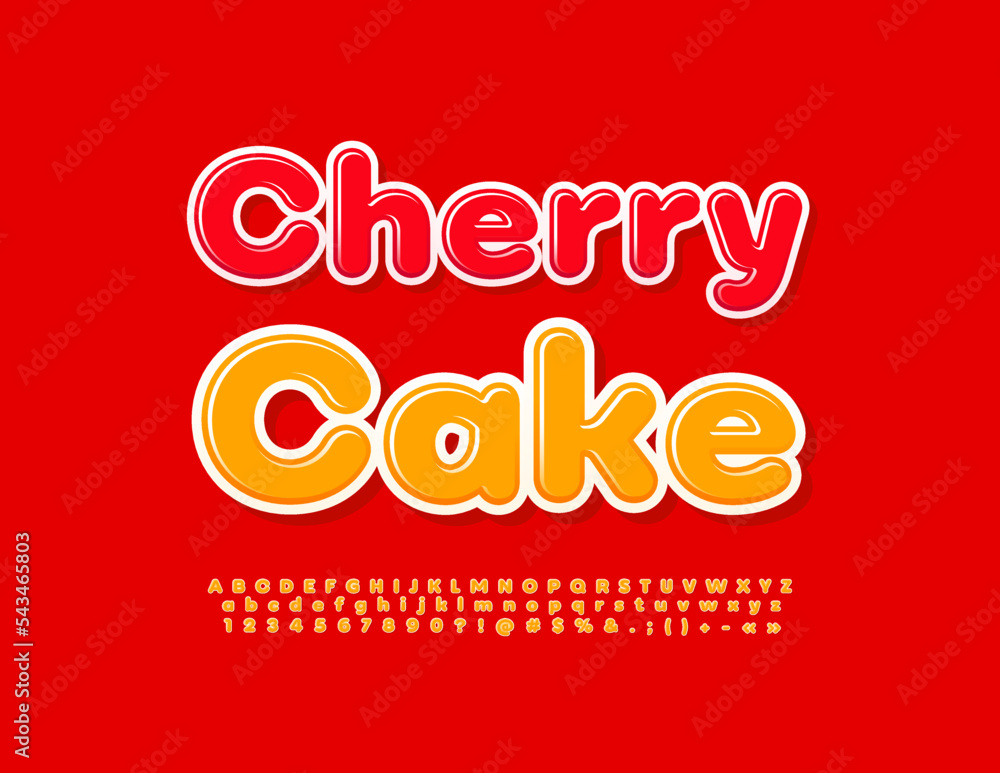 Vector artistic Sign Cherry Cake. Glossy Yellow Font. Bright creative ...