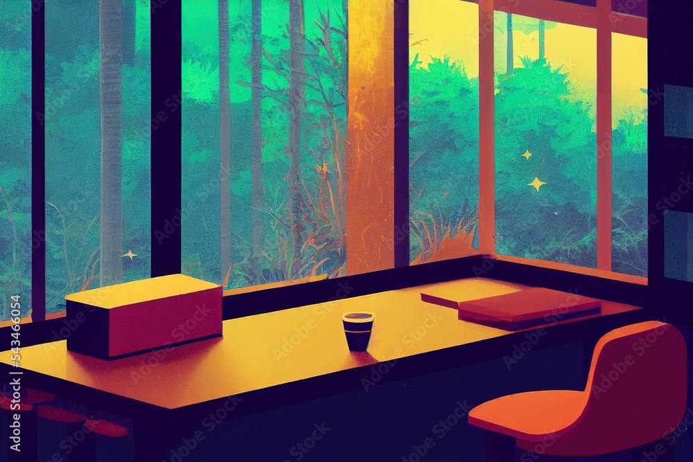Lofi empty interior. Messy desk, window view of a forest, jungle. Anime ...
