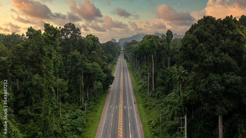 Aerial view countryside highway asphalt road with forest, Aerial view ...