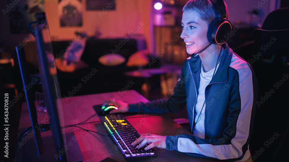 Professional eSports Female Gamer Plays RPG Strategy Video Game with ...