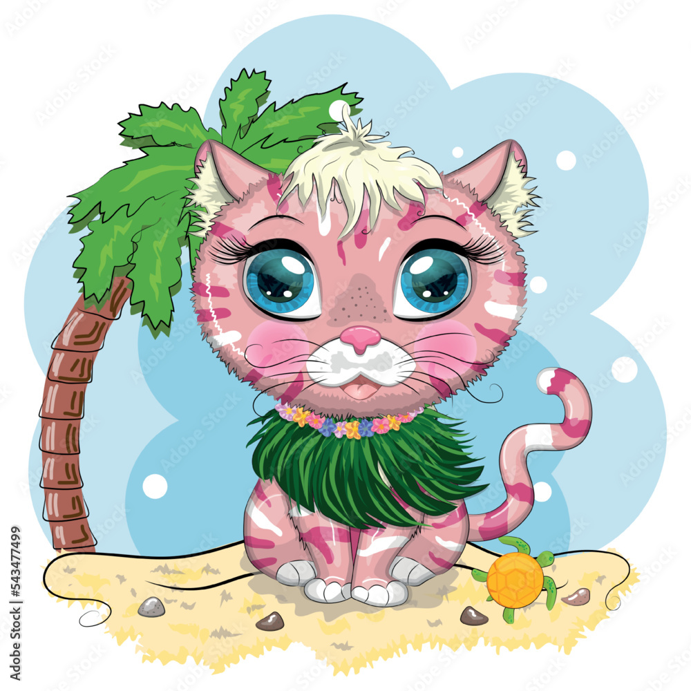 Cartoon cat dressed as a hula dancer under the ukulele, Hawaii. Summer ...