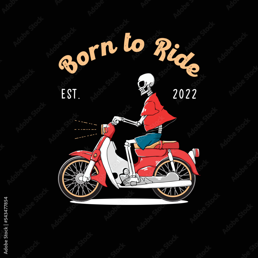 Skeleton riding a classic motor cycle. Vector illustration for clothing ...