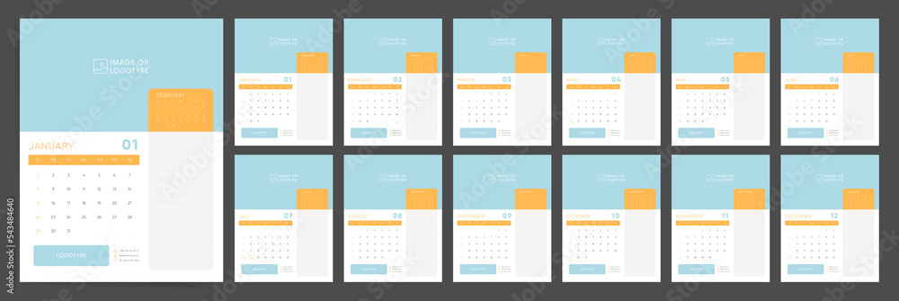 2023 Calendar template design. Week starts on Sunday blue office ...