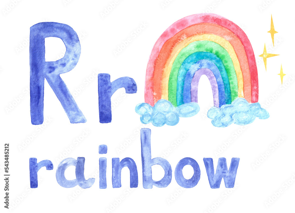 ภาพประกอบสต็อก Aquarelle letter R for written word "rainbow", pictured ...
