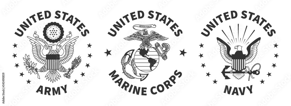 Vector monochrome emblem of the United States Army. US Marine Corps. US ...
