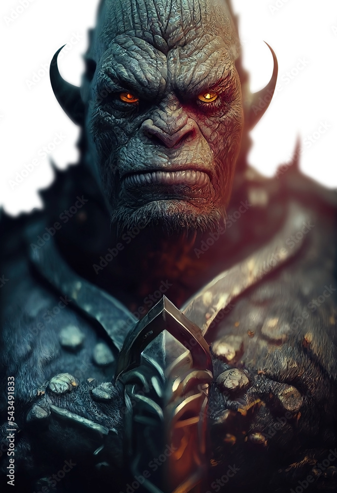 Angry looking troll mythological monster portrait. Horns and armor ...