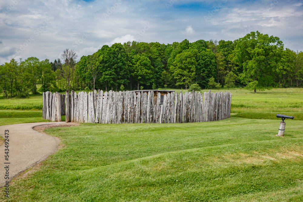 Circular stockade fence at Fort Necessity in Pennsylvania where George ...